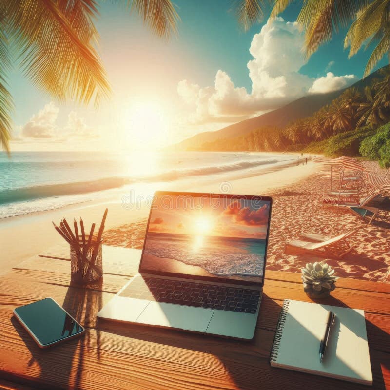 Laptop on Beach with Bright Sun, Capturing Remote Work Freedom by the ...