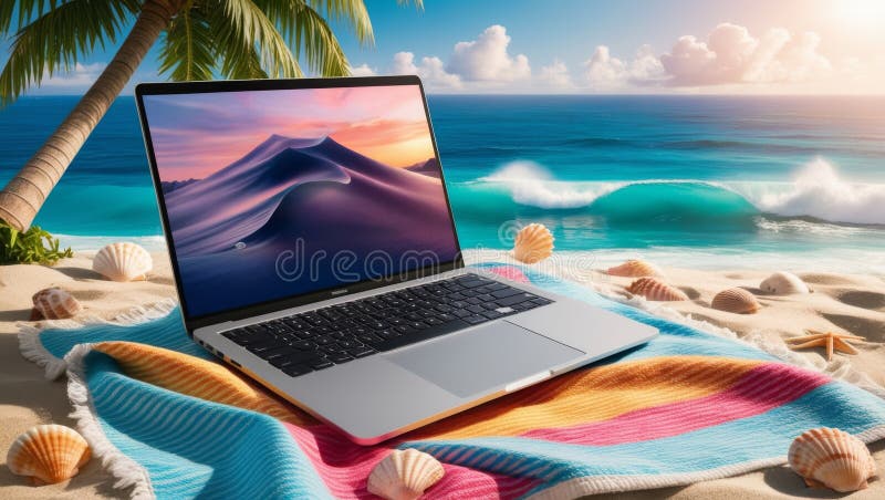 Laptop on Beach with Bright Sun, Capturing Remote Work Freedom by the ...