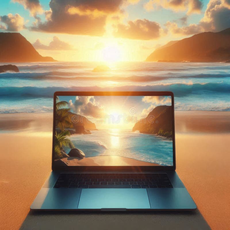 Laptop on Beach with Bright Sun, Capturing Remote Work Freedom by the ...