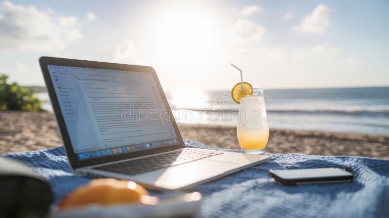Laptop on Beach with Bright Sun, Capturing Remote Work Freedom by the Ocean Stock Illustration ...