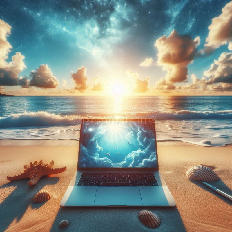 Laptop on Beach with Bright Sun, Capturing Remote Work Freedom by the ...