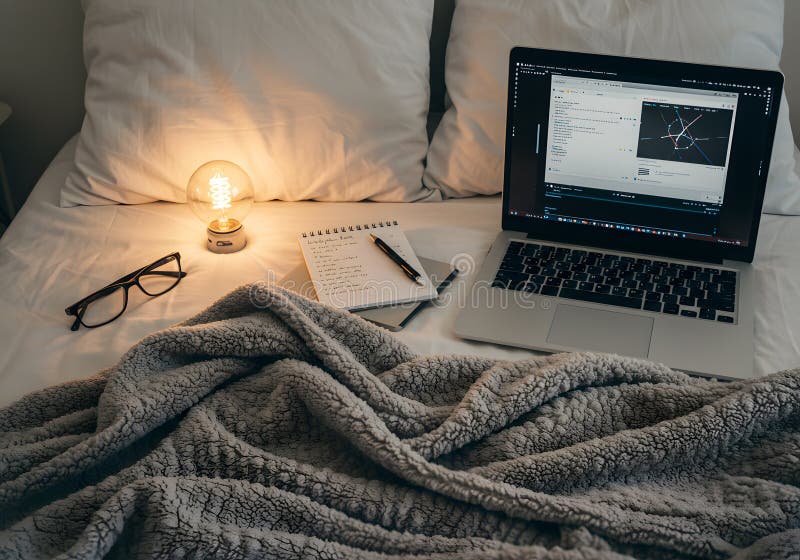 Laptop on Bed with Cozy Blanket Workspace Stock Illustration ...