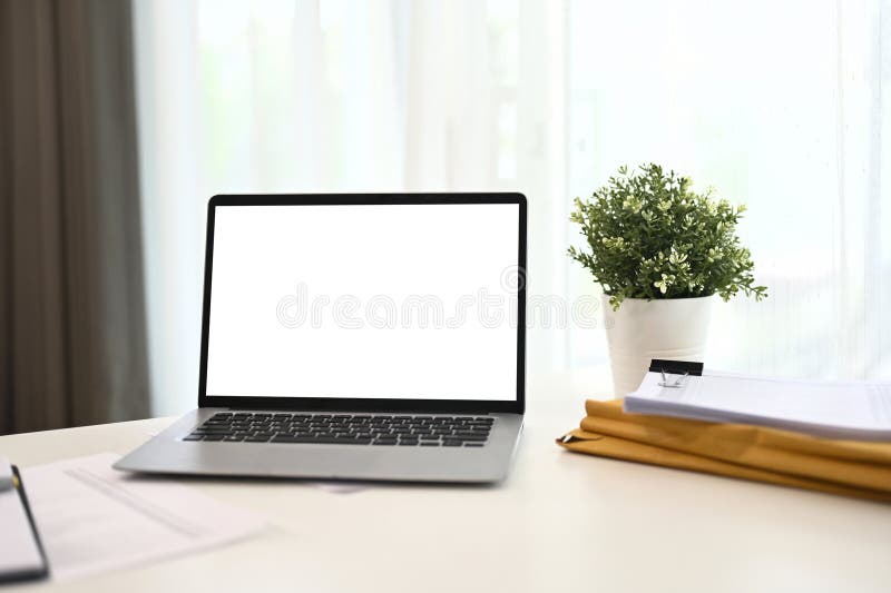 Laptop with Blank Display, Document and Houseplant on White Table Stock ...