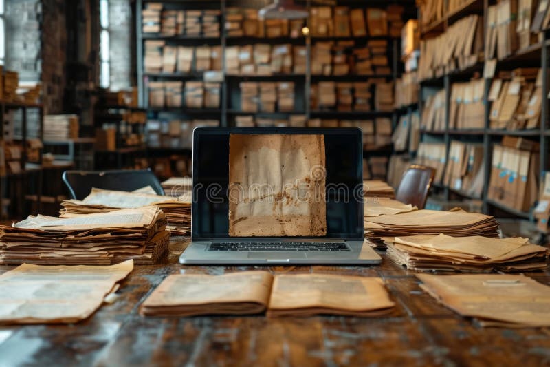 Laptop with Blank Screen on Archive Table for Digitalization of ...