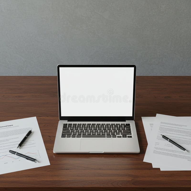 A Laptop with a Blank Screen is Centered on a Wooden Desk. Surrounding ...