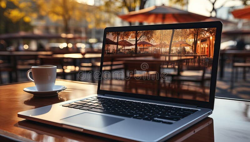 Laptop with Blank Screen and Coffee Cup on Wooden Table in Cafe Stock ...