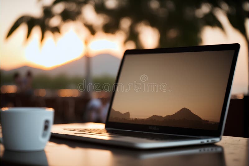 Laptop with Blank Screen and Coffee Cup on Wooden Table at Sunset Stock ...