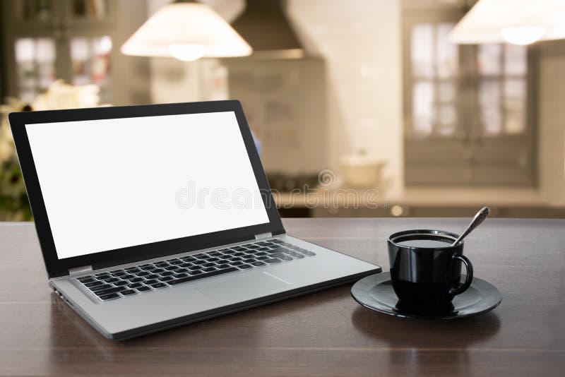 Laptop with Blank Screen with Coffee on Tabletop. Work at Home. Coffee ...