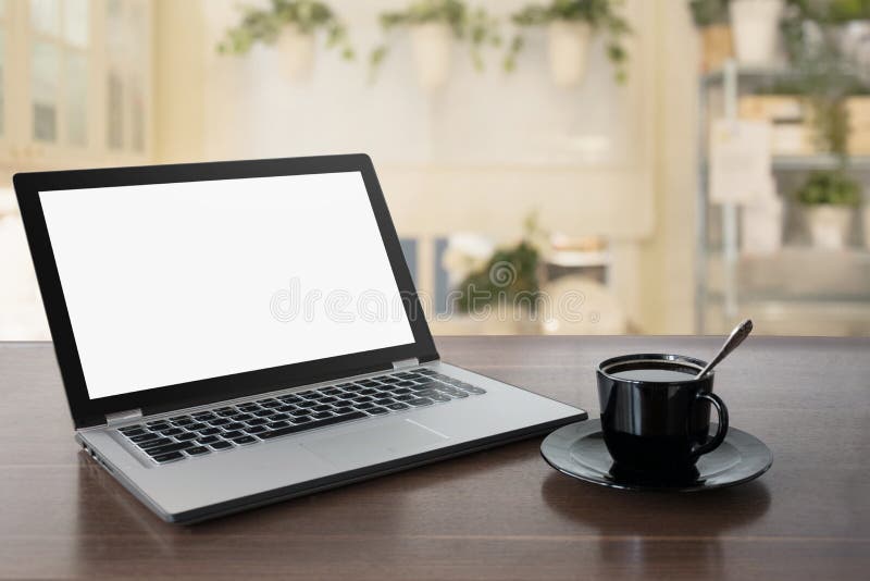 Laptop with Blank Screen with Coffee on Tabletop. Work at Cafe. Coffee ...