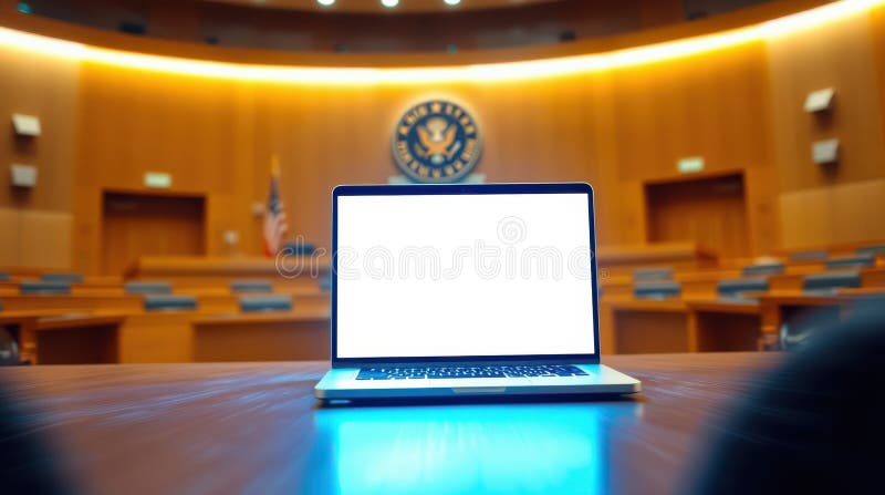 Laptop with Blank Screen in a Conference Hall. Ideal for Presentations ...