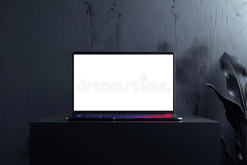 Laptop with Blank Screen in Dark Room Stock Photo - Image of office ...