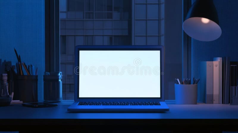 Laptop Blank Screen Desk Dimly Lit Office Room Night Stock Photos ...