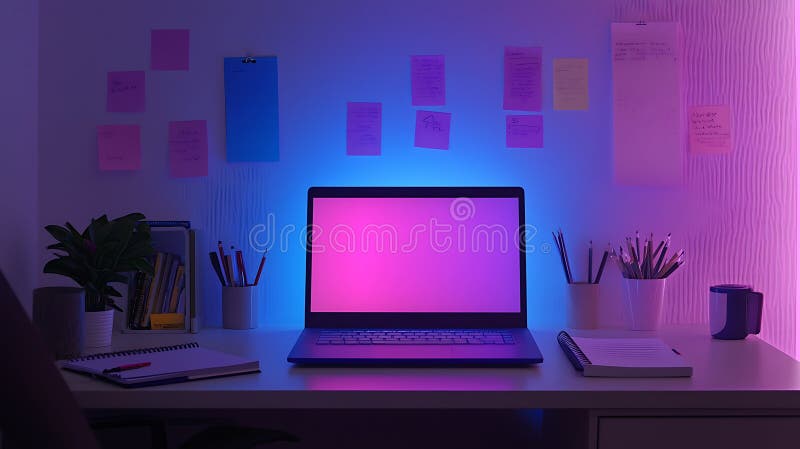 Laptop with Blank Screen on Desk at Night, Surrounded by Stationery and ...