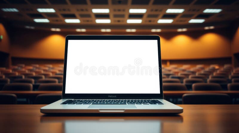 Laptop with Blank Screen in an Empty Lecture Hall. Perfect for ...