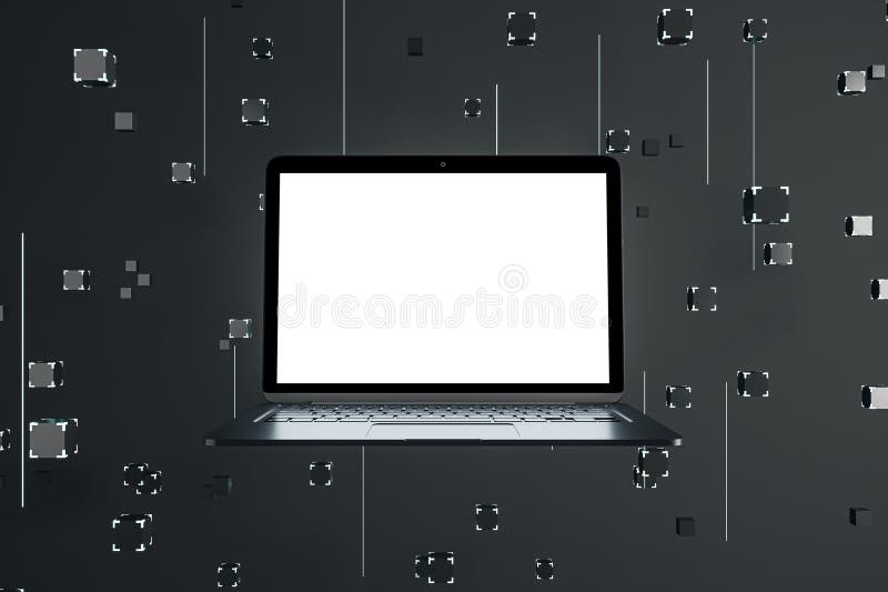 A Laptop with a Blank Screen, Floating Geometric Shapes on a Dark ...