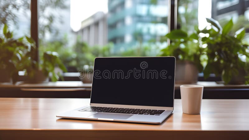 Laptop with Blank Screen in Modern Office, Template Stock Illustration ...