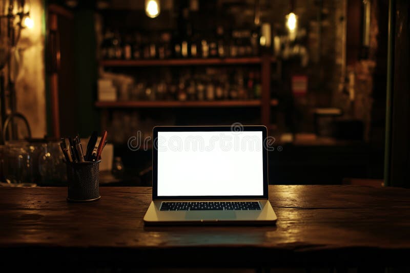 Laptop with Blank Screen on Rustic Bar Counter in Warm Ambient Lighting ...