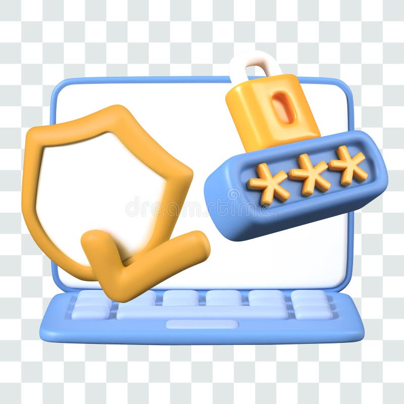 Laptop with Blank Screen, Shield with Check Mark, Lock with Encrypted ...