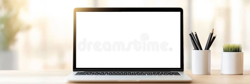 Laptop with Blank Screen Showing Modern Office Desk Setup Stock Photo ...