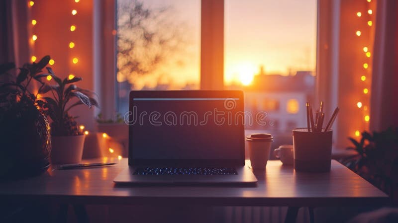 Cozy Sunset Workspace Laptop and Plants on Desk AI-generated. Stock ...