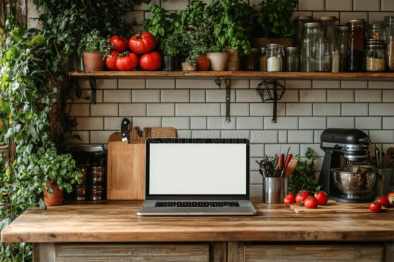 A Laptop with a Blank Screen Sits on a Rustic Kitchen Counter with ...