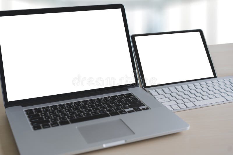 Laptop with Blank Screen on Table. Workspace Background New Project on ...