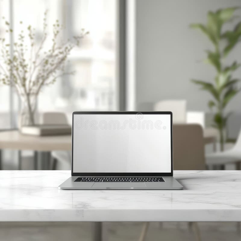 Laptop with Blank Screen on White Table in Modern Living Room, 3d ...