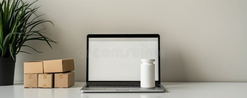Laptop with Blank Screen, Wooden Blocks and Bottle on White Desk Stock ...