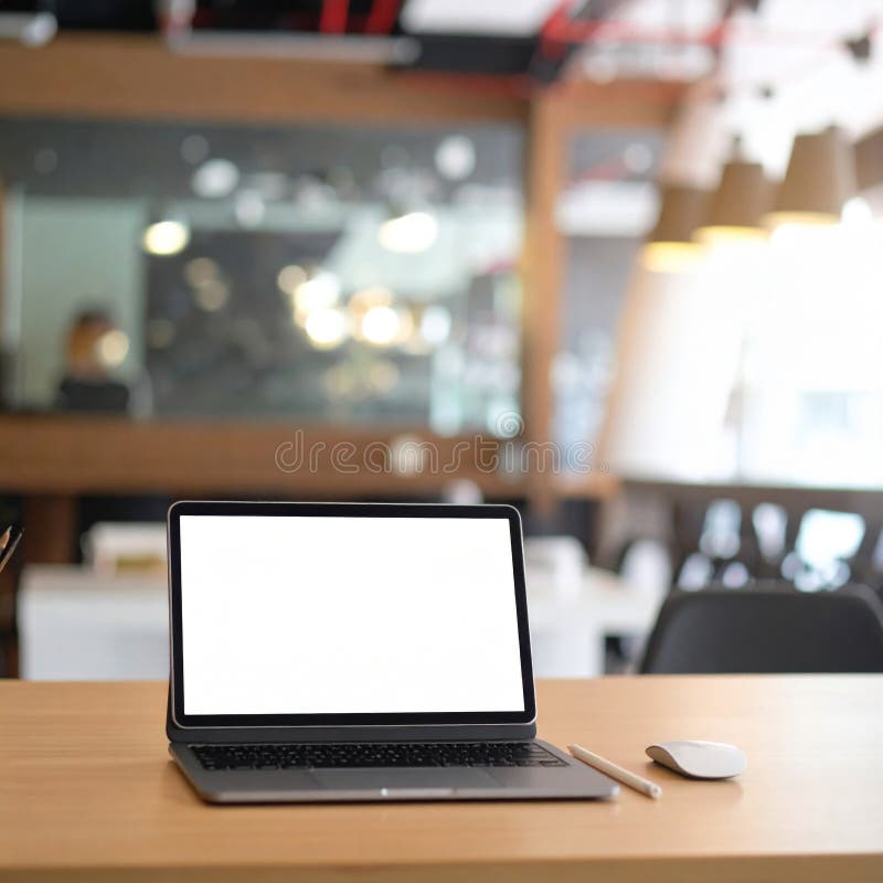Laptop with Blank Screen on Wooden Desk in Modern Office Stock ...