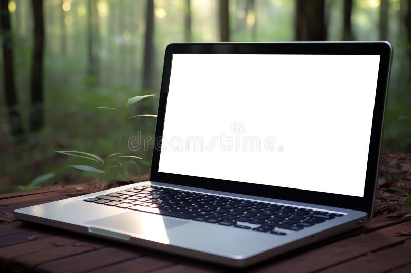 Laptop with Blank Screen on Wooden Table in the Forest Background Stock ...