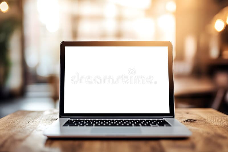 Laptop with Blank Screen on Wooden Table in Modern Cafe with Plants ...