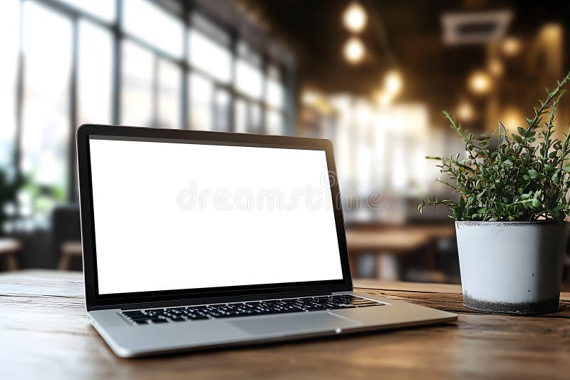 Laptop with Blank Screen on Wooden Table in Modern Cafe with Plants ...