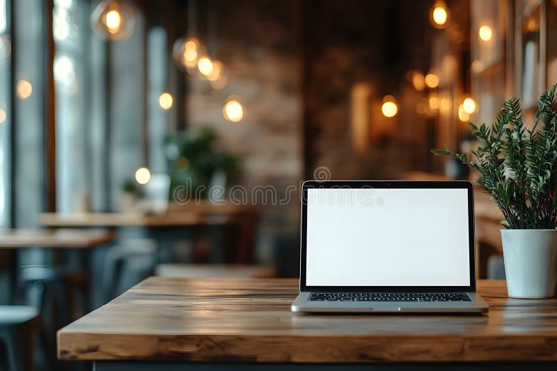 Laptop with Blank Screen on Wooden Table in Modern Cafe with Plants ...