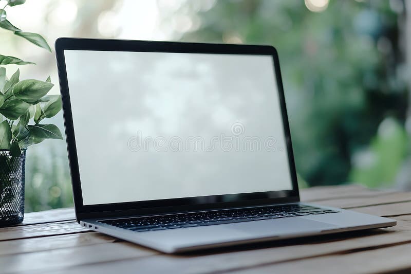 Laptop with Blank Screen on Wooden Table Outdoors Stock Illustration ...