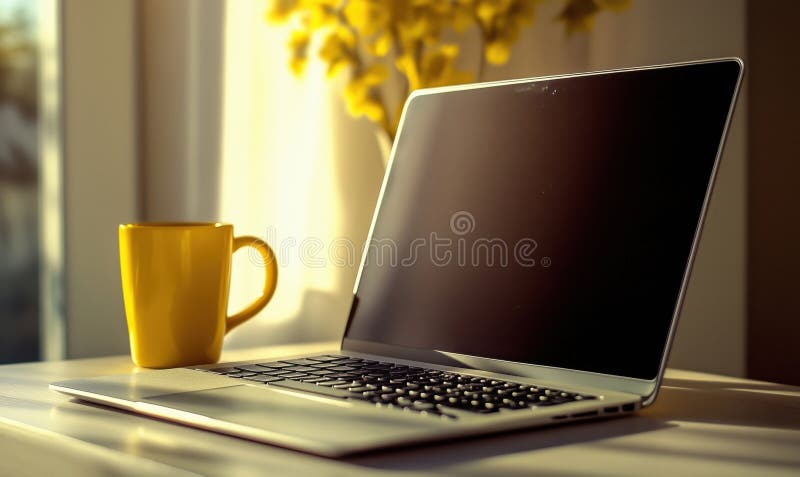 Laptop with Blank Screen beside Yellow Coffee Mug on Table in Bright ...