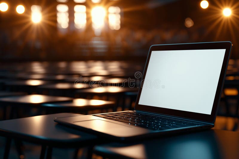 Laptop with Blank White Screen Sits on Table in Dimly Lit Room ...