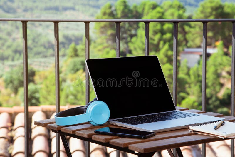 Laptop Blue Headsets Notebook Cellphone Table Balcony Beautiful View ...