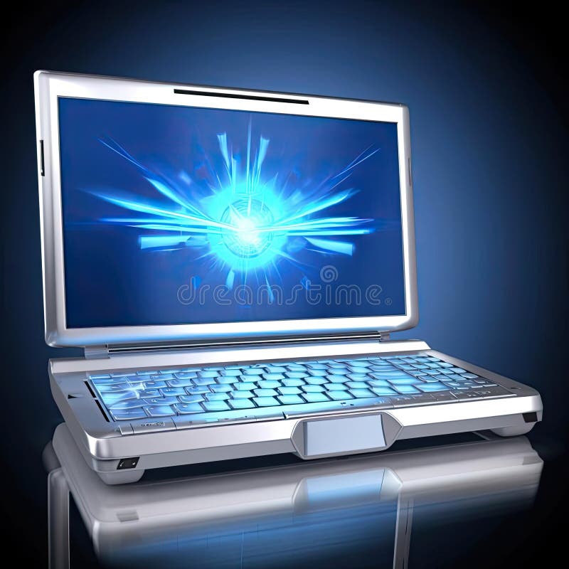 Laptop with Blue Light Rays on the Screen - 3D Rendering Stock ...