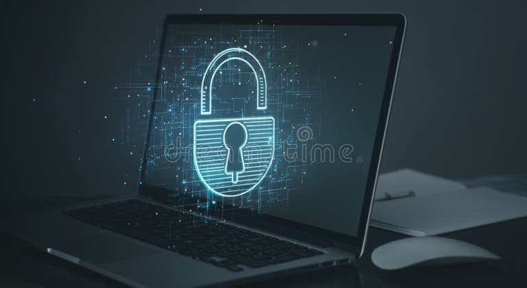 Laptop with a Blue Lock on the Screen Stock Photo - Image of identity ...