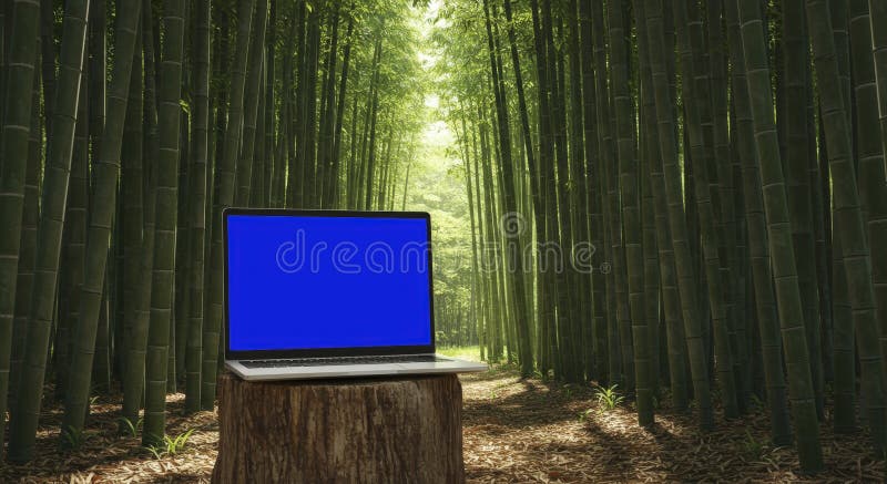 Laptop with Blue Screen in Bamboo Forest Setting for Digital Nomad ...