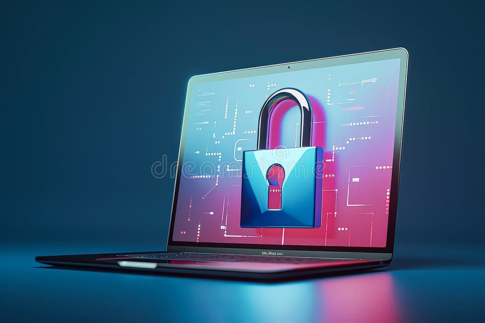 Laptop with a Blue Screen and a Red and Purple Lock on it Stock Photo ...