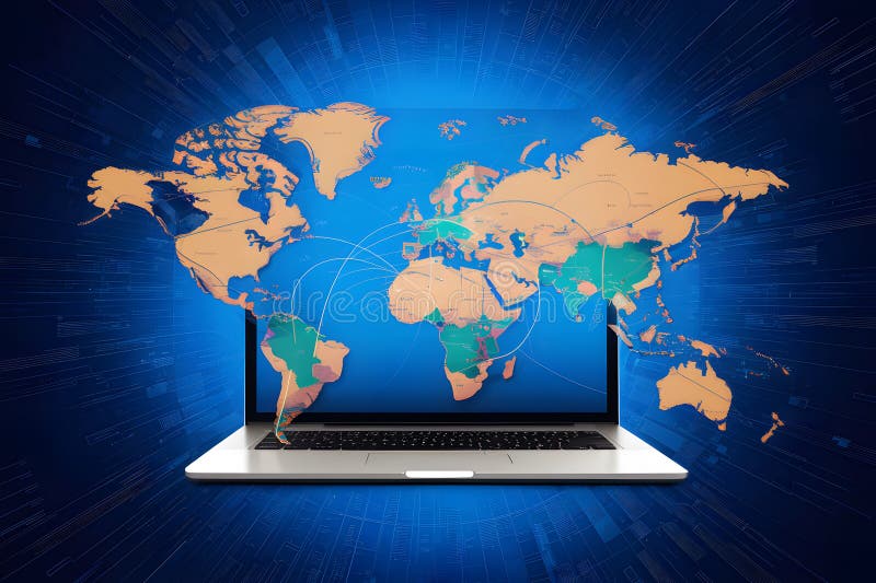 Laptop on Blue with World Map Suggests Global Connectivity and Data ...