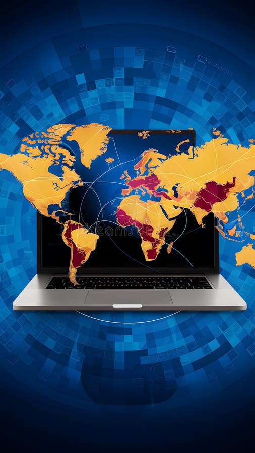 Laptop on Blue with World Map Suggests Global Connectivity and Data ...