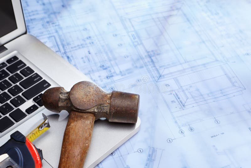 Laptop and blueprint stock image. Image of laptop, plan - 20168547