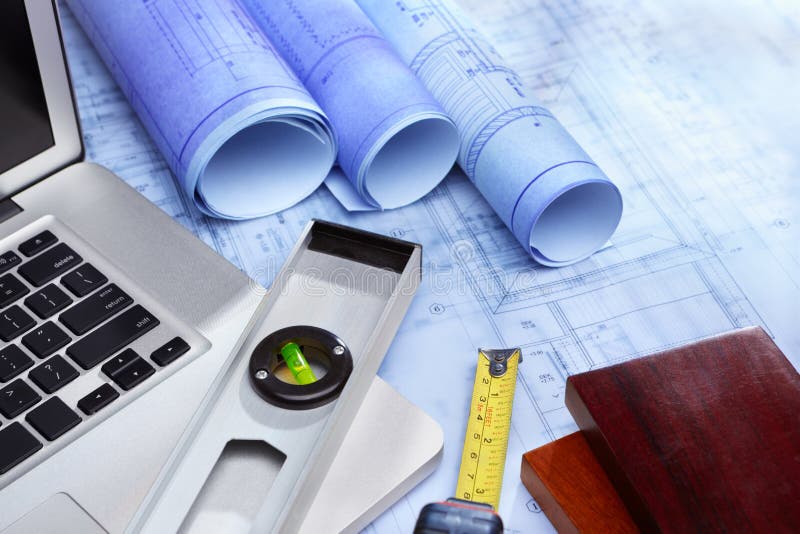 Laptop and blueprint stock photo. Image of plan, design - 20185230