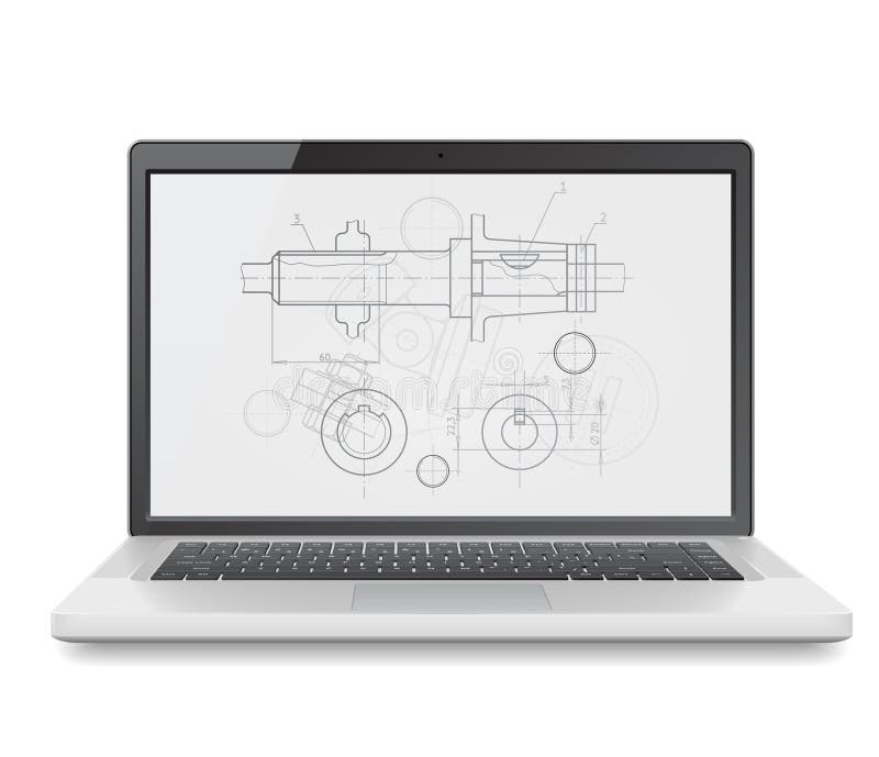 Laptop with blueprint stock vector. Illustration of gear - 21709947