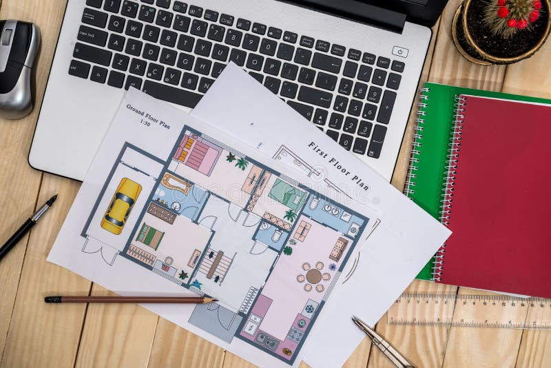 Laptop with Blueprint. Architecture Drawing with Tools Stock Image ...