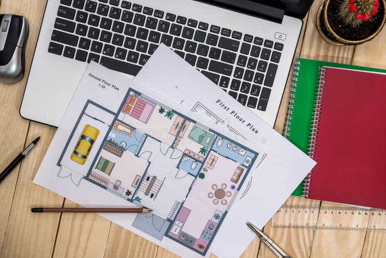 Laptop with Blueprint. Architecture Drawing with Tools Stock Image ...