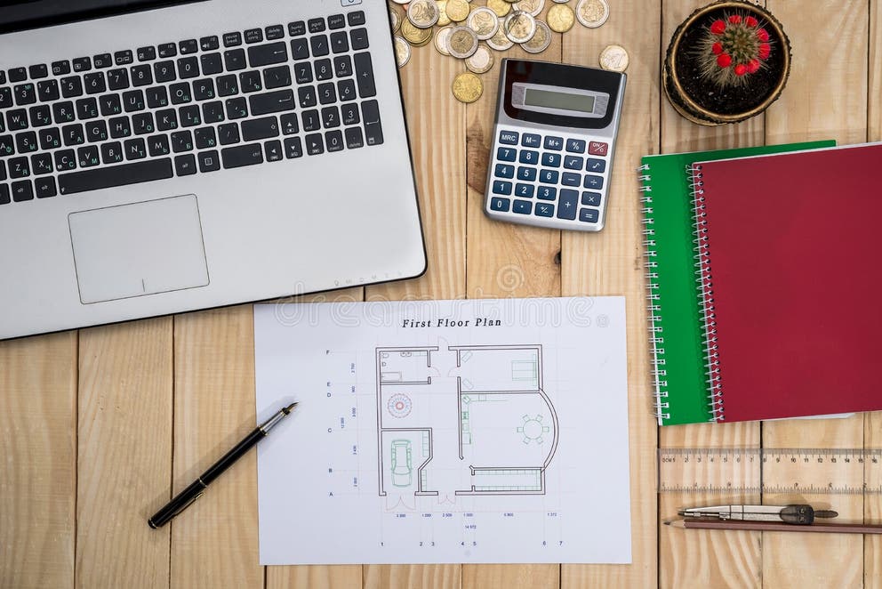 Laptop with Blueprint. Architecture Drawing with Tools Stock Image ...