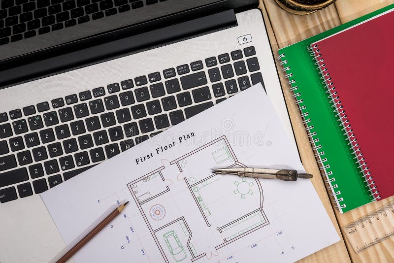 Laptop with Blueprint. Architecture Drawing with Tools Stock Photo ...